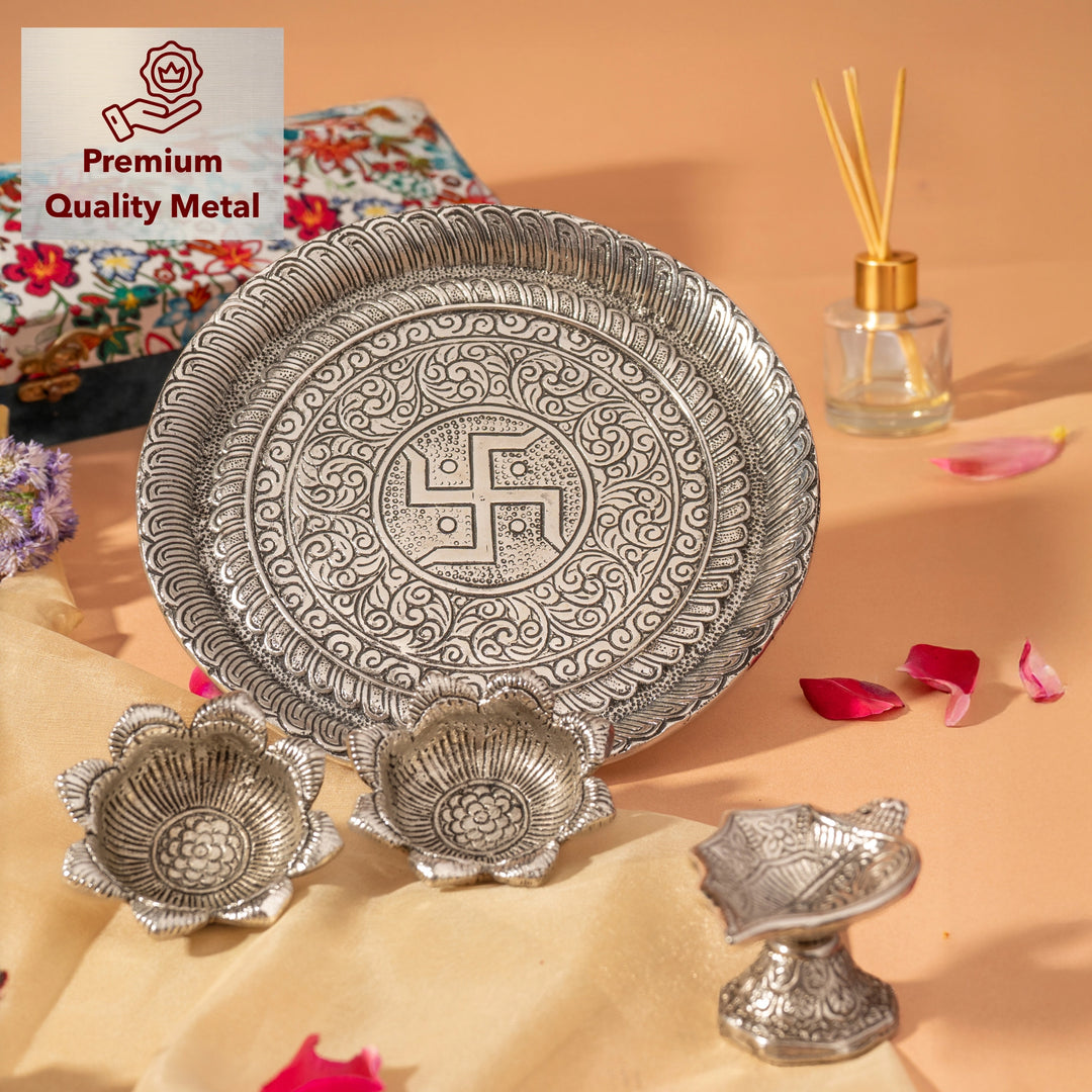 German Silver Swastika Pooja Thali - Sacred Ritual Essentials | The ...