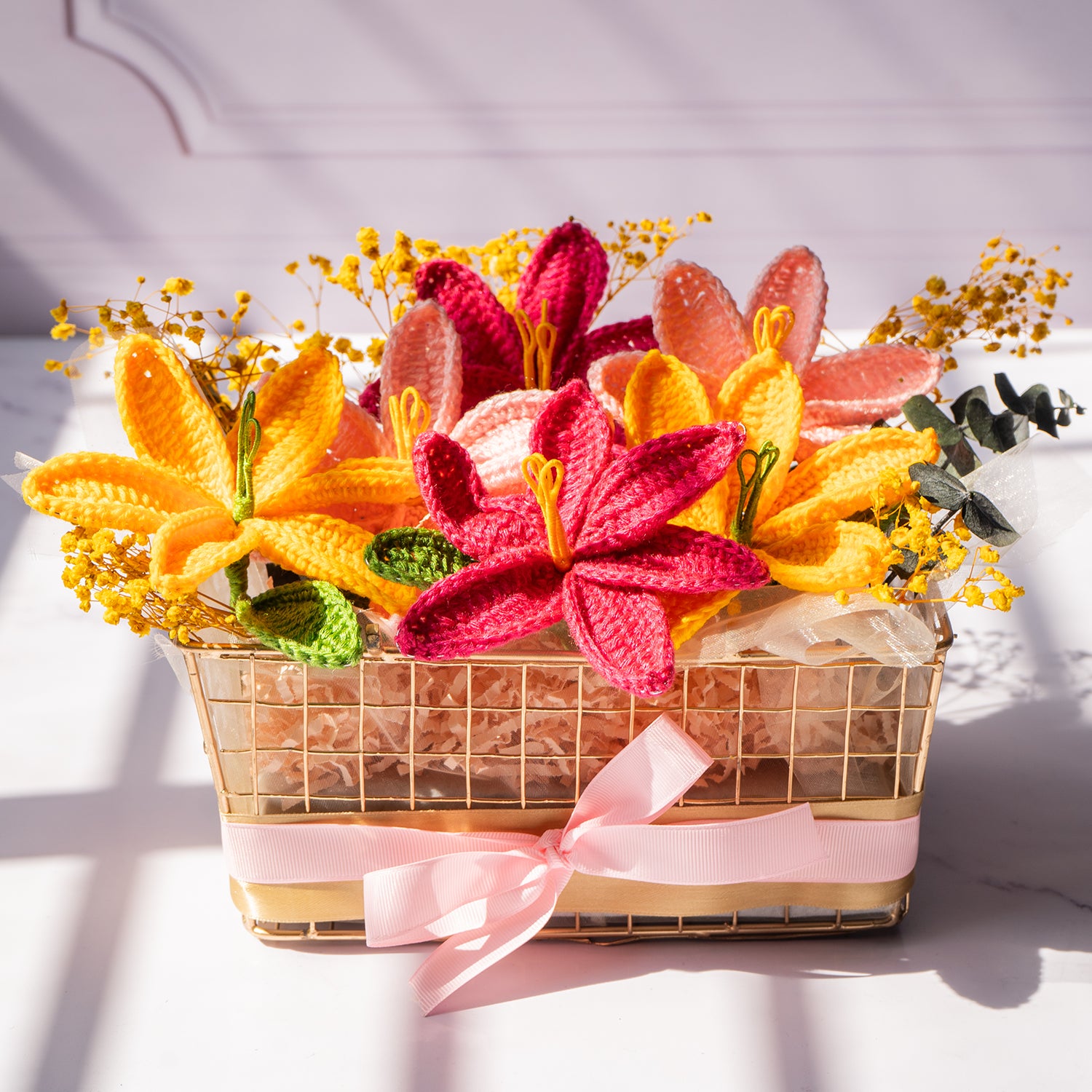 Knitted Crochet Lily Flower Bouquet Basket | The Zappy Box